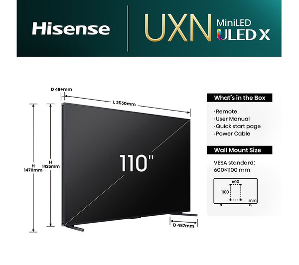 HISENSE 110UXNQTUK 110" Smart 4K Ultra HD HDR Mini LED TV with Amazon ...