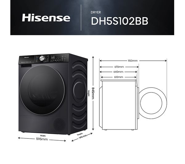 HISENSE 5S Series DH5S102BB WiFi-enabled 10 kg Heat Pump Tumble Dryer ...