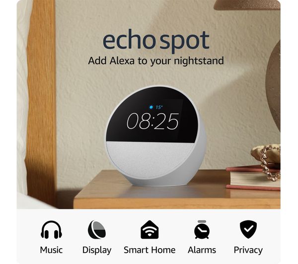 AMAZON Echo Spot Smart Alarm Clock with Alexa - Glacier White ...