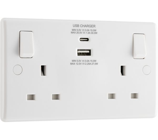 BG ELECTRICAL 822UAC30 Double Wall Socket with USB Type-C & USB - White ...