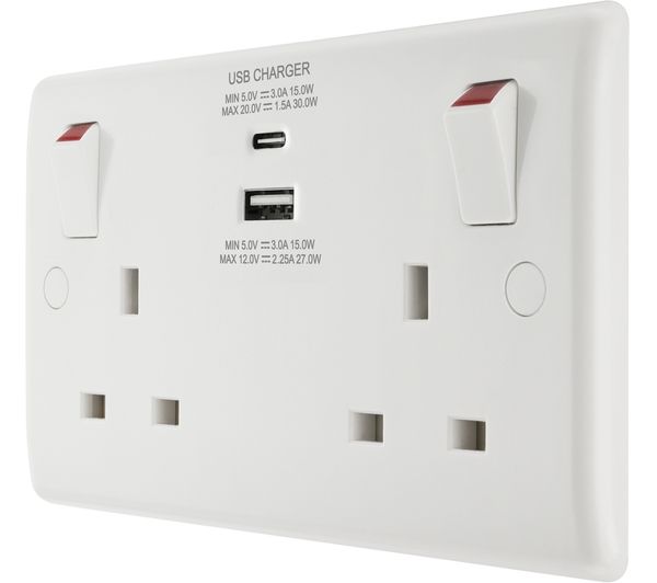 BG ELECTRICAL 822UAC30 Double Wall Socket with USB Type-C & USB - White ...