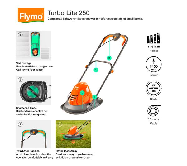 FLYMO Turbo Lite 250 Corded Hover Lawn Mower - Orange & Black ...