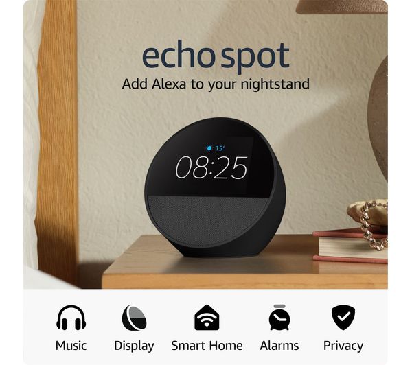 AMAZON Echo Spot Smart Alarm Clock with Alexa - Black - B0C2GGRBZR ...